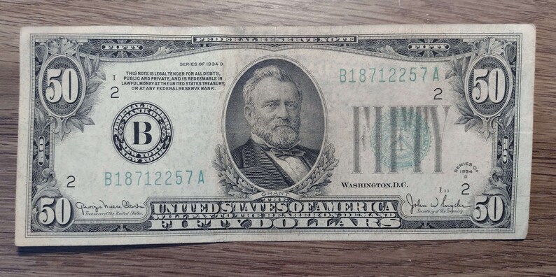 Vintage 1934D 50 Dollar Bill Green Seal, FREE Shipping Federal Reserve ...