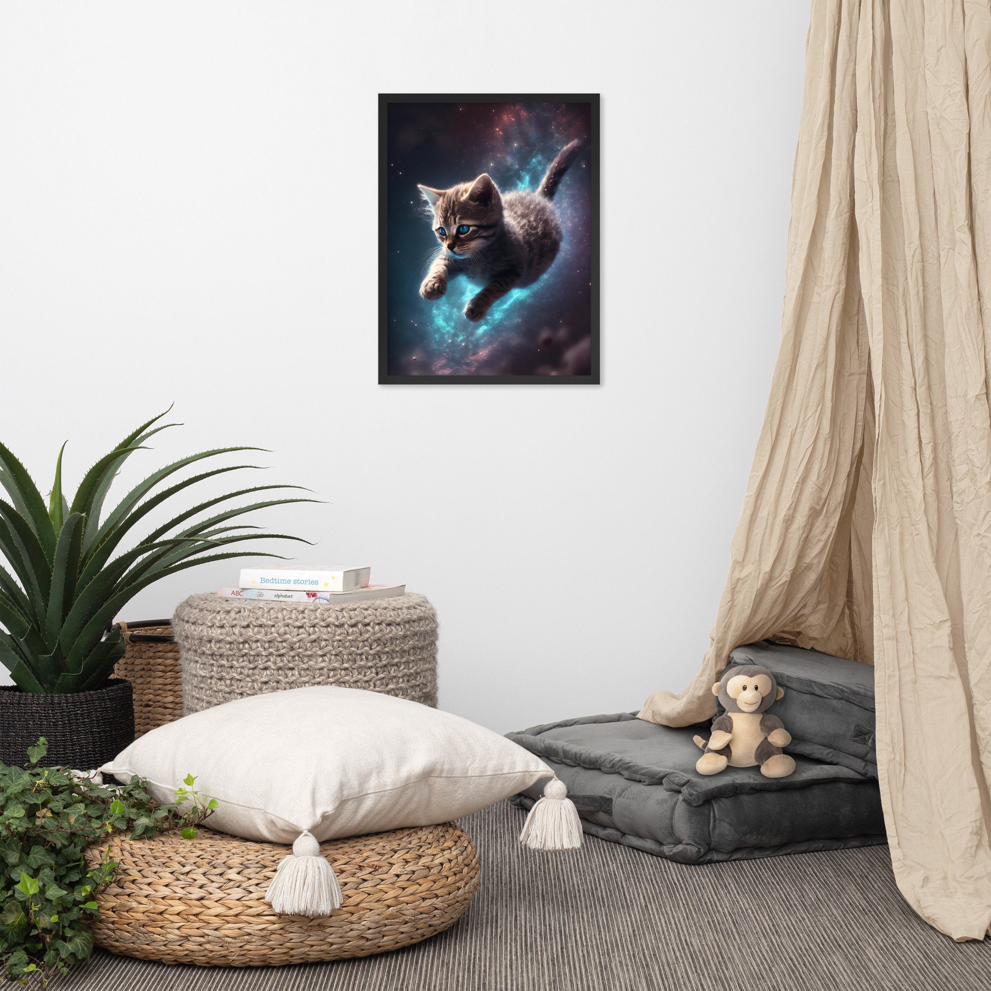 Cute Kitten Floating in Outer Space Framed Poster, Cat Lover Art ...