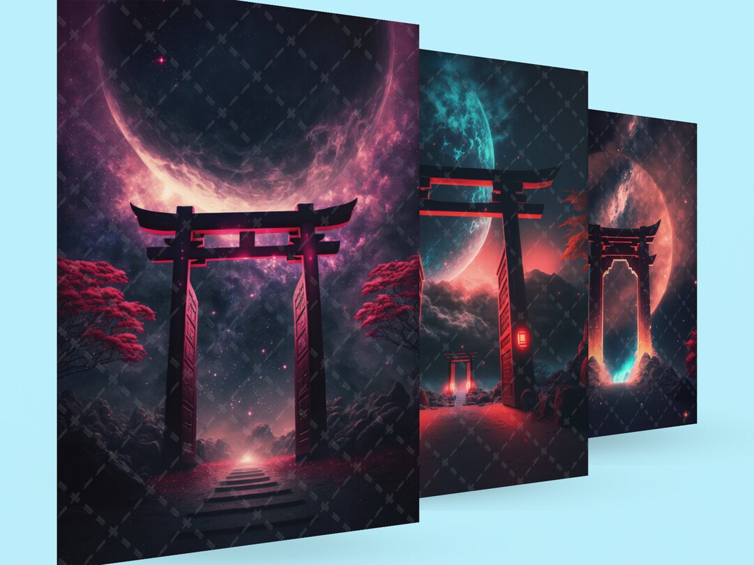 8 Japanese Torii Gates in Space, Colorful Nebulas & Galaxies, Instant ...