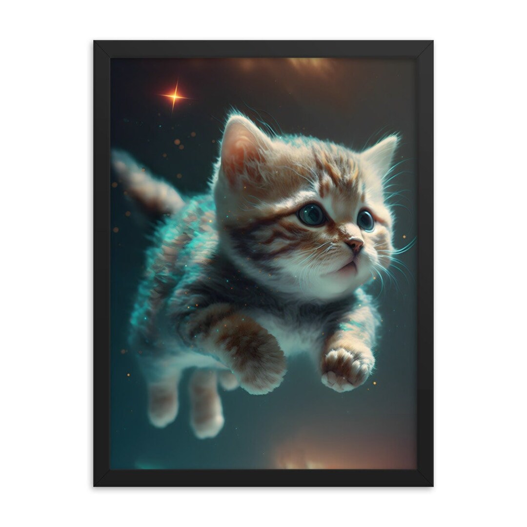 Astral Kitten Framed Poster, Cute Kitten Wall Art, Cat Flying Through ...