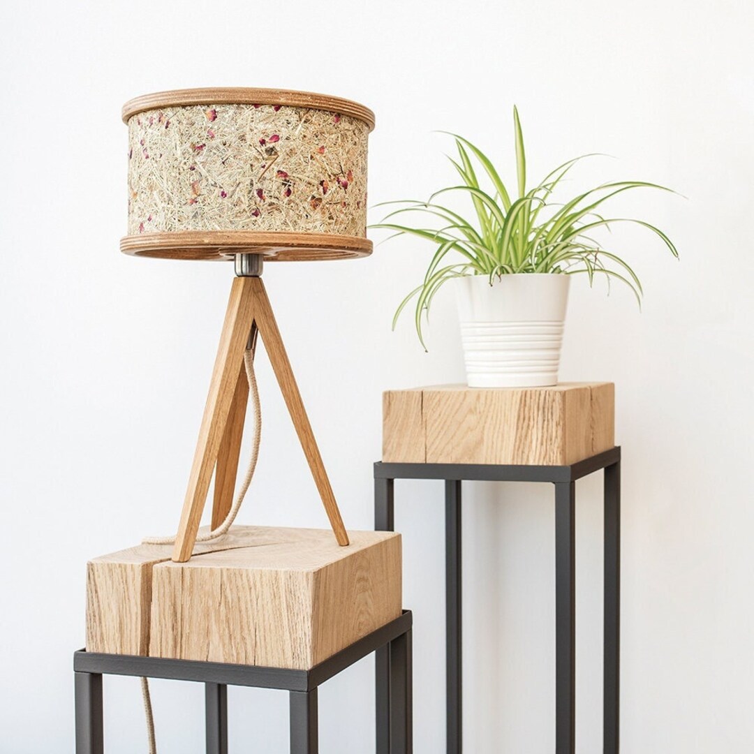 Wooden Table Lamp • Hay Lampshade • Oak Wood Light Fixture • Jute Fiber ...
