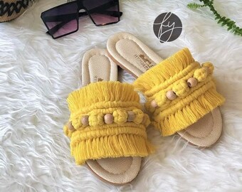 Blue Beaded Bohemian Style Macramé Sandals Handmade Macrame Sandals ...