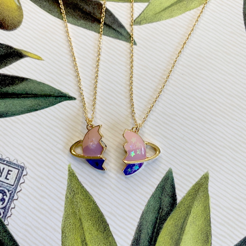 Enamel Split Planet Best Friends Necklace, Set of Two Couple Necklace ...
