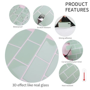 10 PCS Light Green Subway Tile Stickers, 3D Crystal Peel & Stick Tiles ...