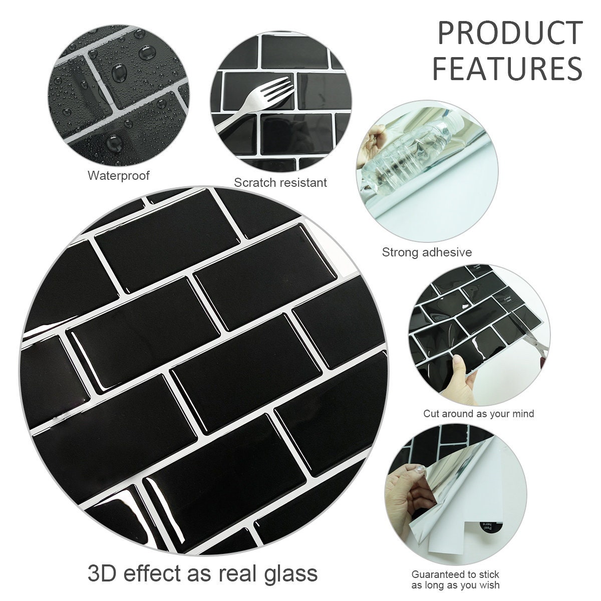10 PCS Black Metro Subway Tile Stickers, 3D Crystal Peel & Stick Tiles ...