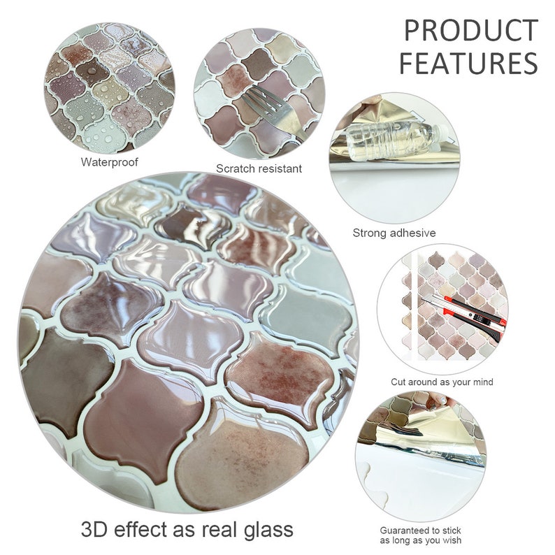 10 PCS Beige Tone Mosaik Tile Stickers, 3D Crystal Peel & Stick Tiles ...