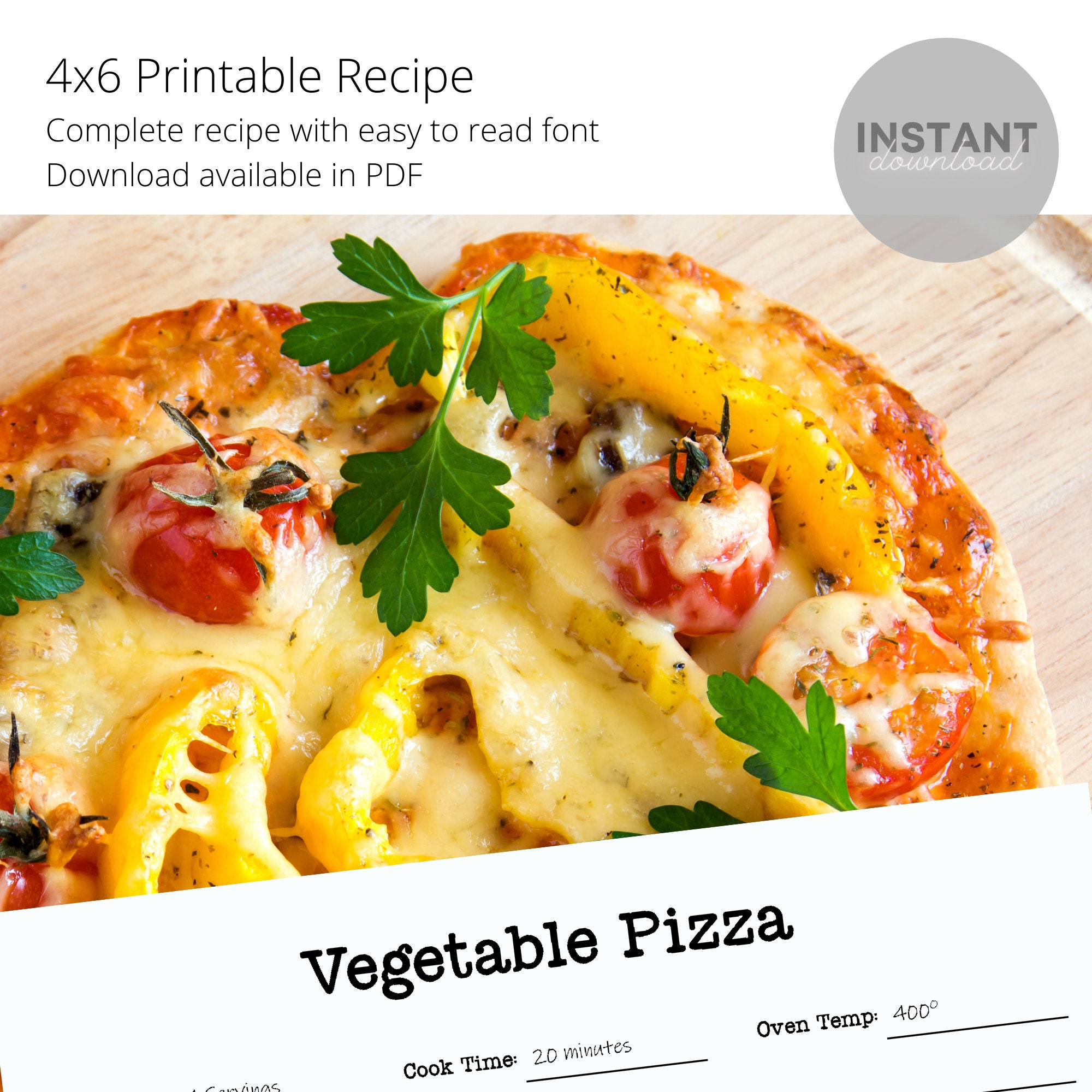 Vegetable Pizza Recipe Card, Printable Recipe Card, Recipe PDF, Recipe ...