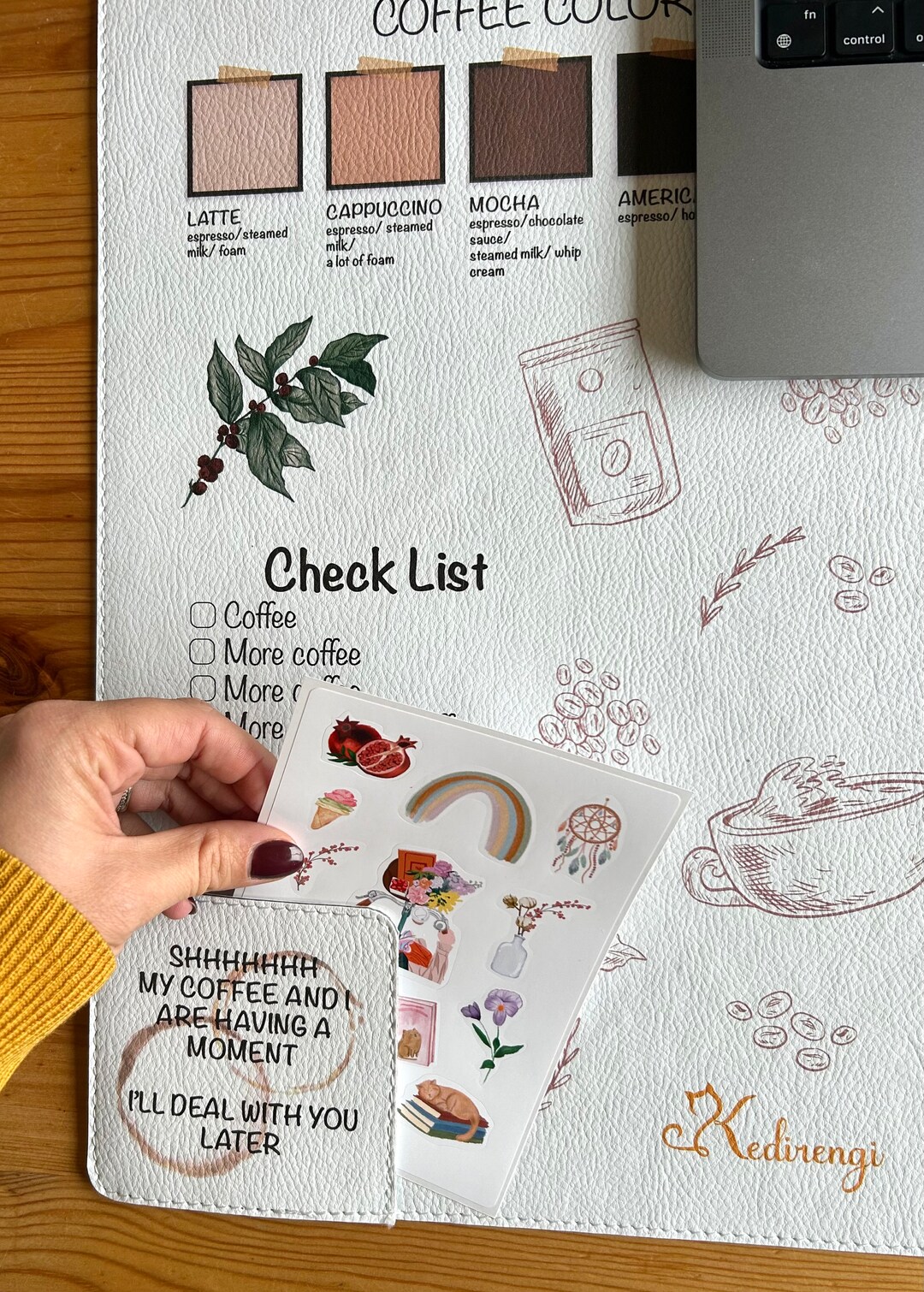 Vegan Leather Desk Mat, Coffee Draw Desk Mat, Mouse Mat, Coffee Lover ...