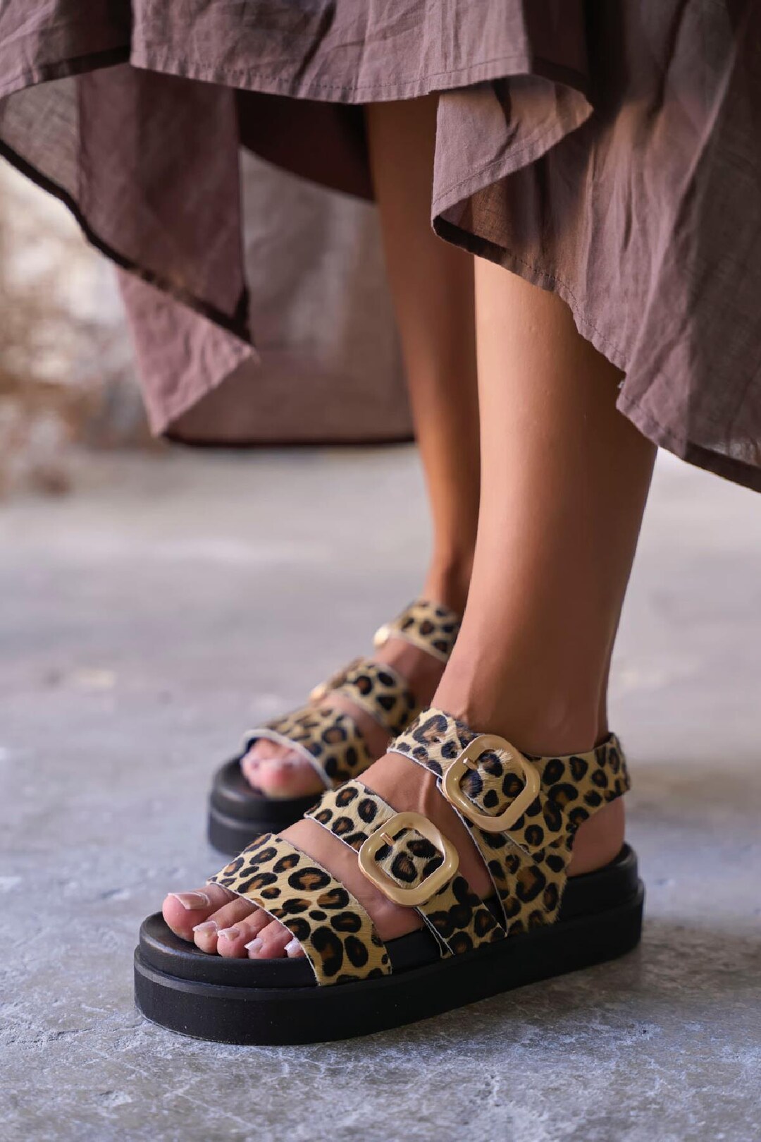 Leopard Print Flat Sandals With Double Buckle Straps, Summer ...