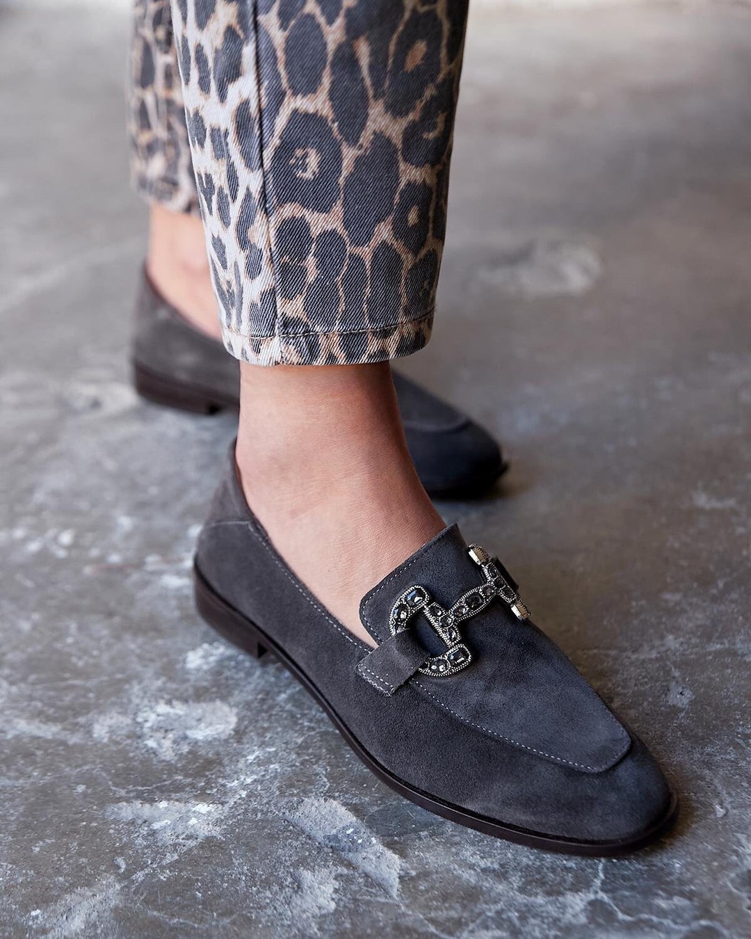 Women's Gray Suede Loafer,brown Suede Loafers,genuine Leather Shoes ...