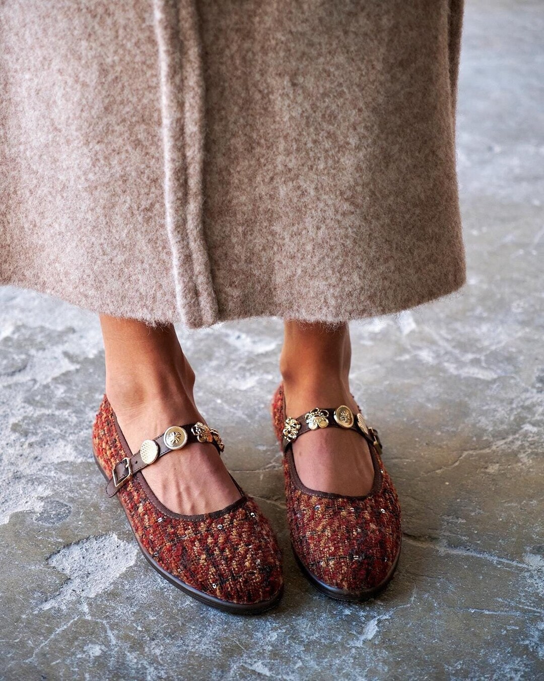 Burgundy Tweed Fabric Ballet Flats,buckled Ballet Flats,women Casual ...