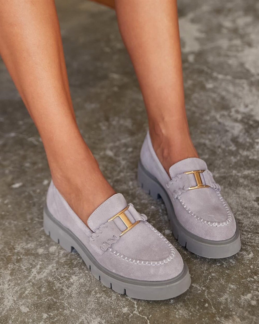 Gray Suede Women's Loafers,black Leather Women's Loafers With Chain ...