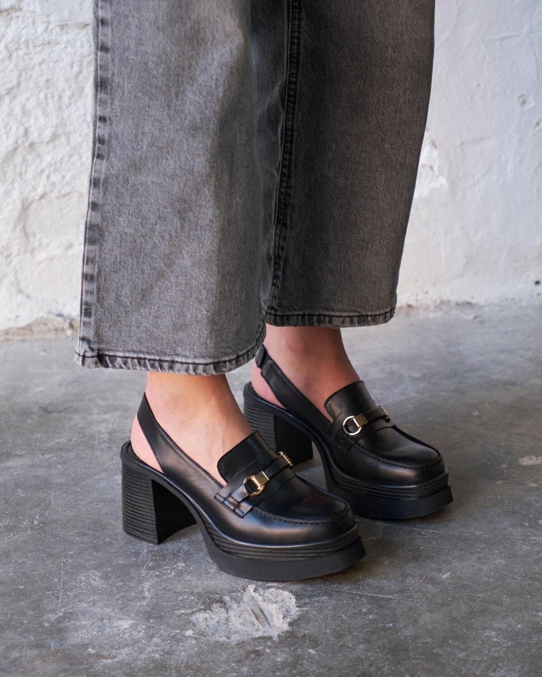 Black Platform Loafers, Genuine Leather, Women's Platform Loafers,high Heeled Loafer,square-toe ...