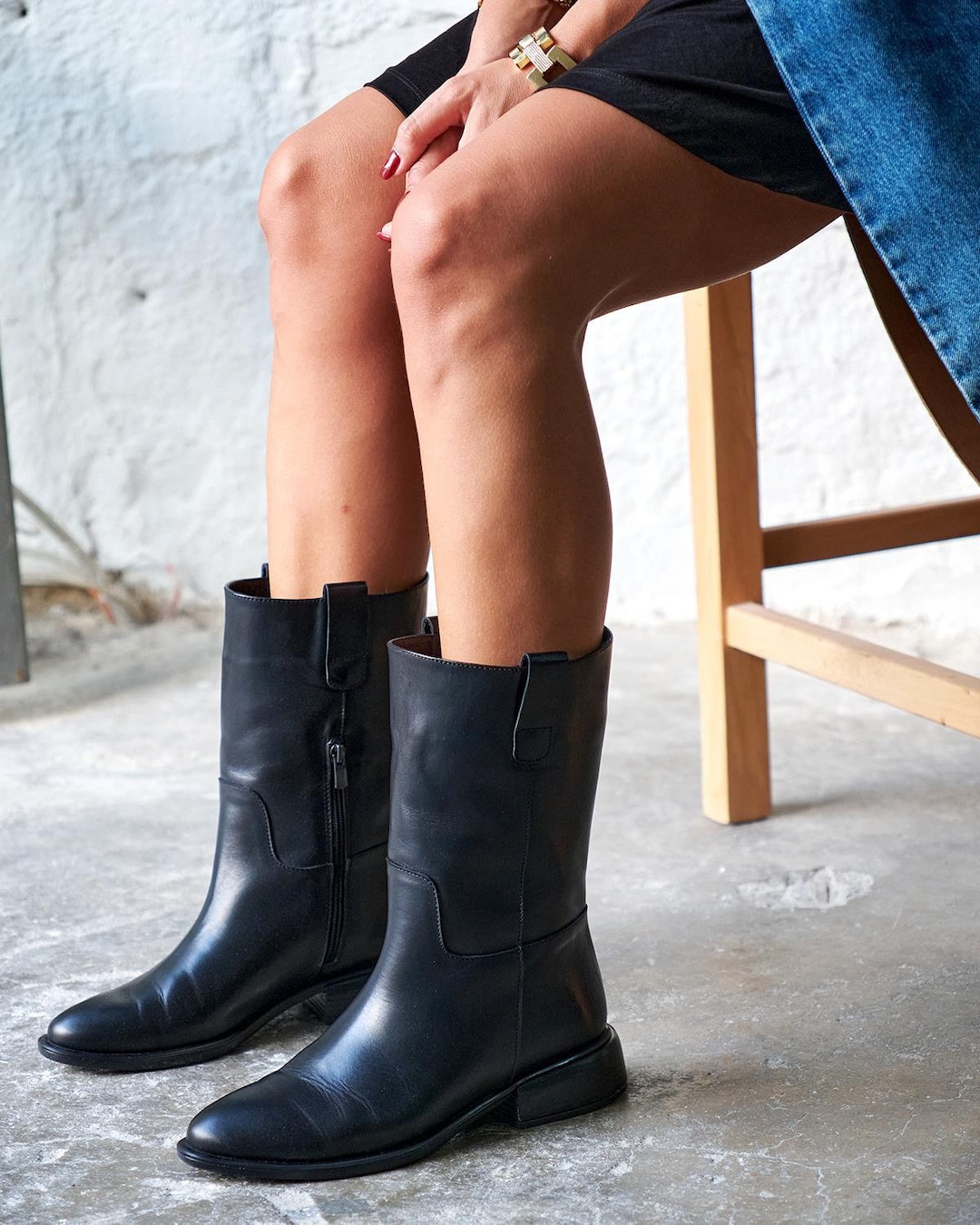 Black Leather Mid Calf Boots,flat Black Leather Boots,chunky Heeled ...