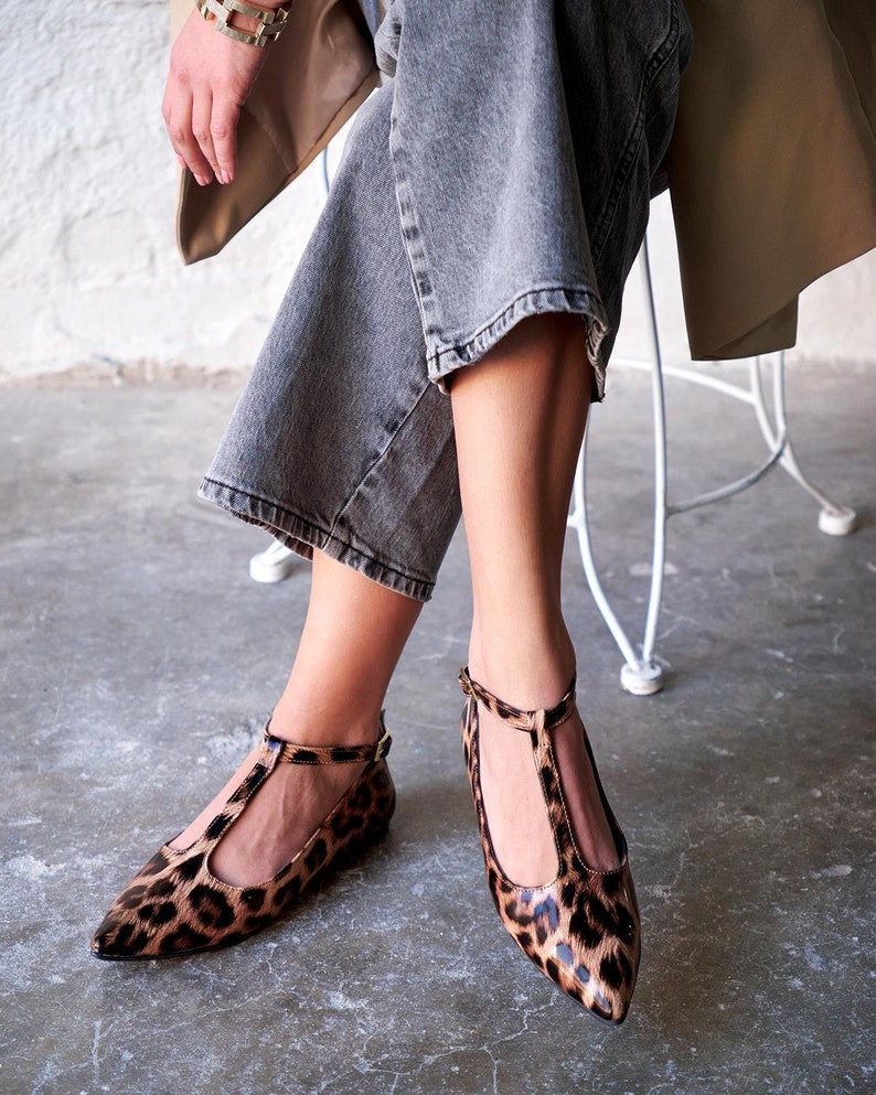 Leopard Patent Leather Ballet Flats,t Strap Shoes,leopard Ballet Shoes ...