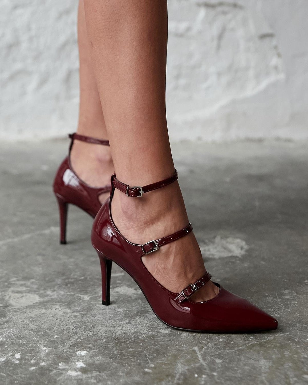 Burgundy Patent Leather High Heels,ankle Strap Heels,black Leather High ...