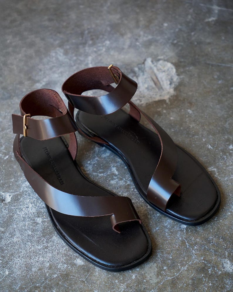 Brown Leather Sandals,ankle Strap Sandals,flat Soled Sandals,summer ...