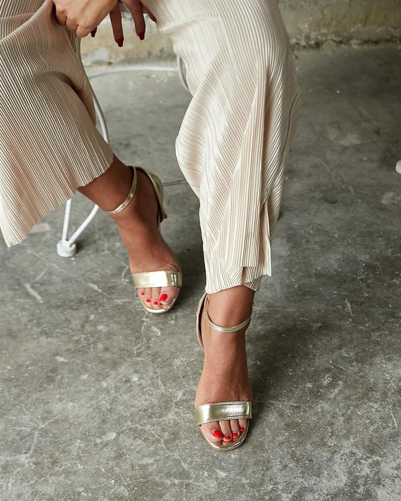 Gold 8 Cm Heel Ankle Strap High Heels,high-heeled Shoes With an Open ...