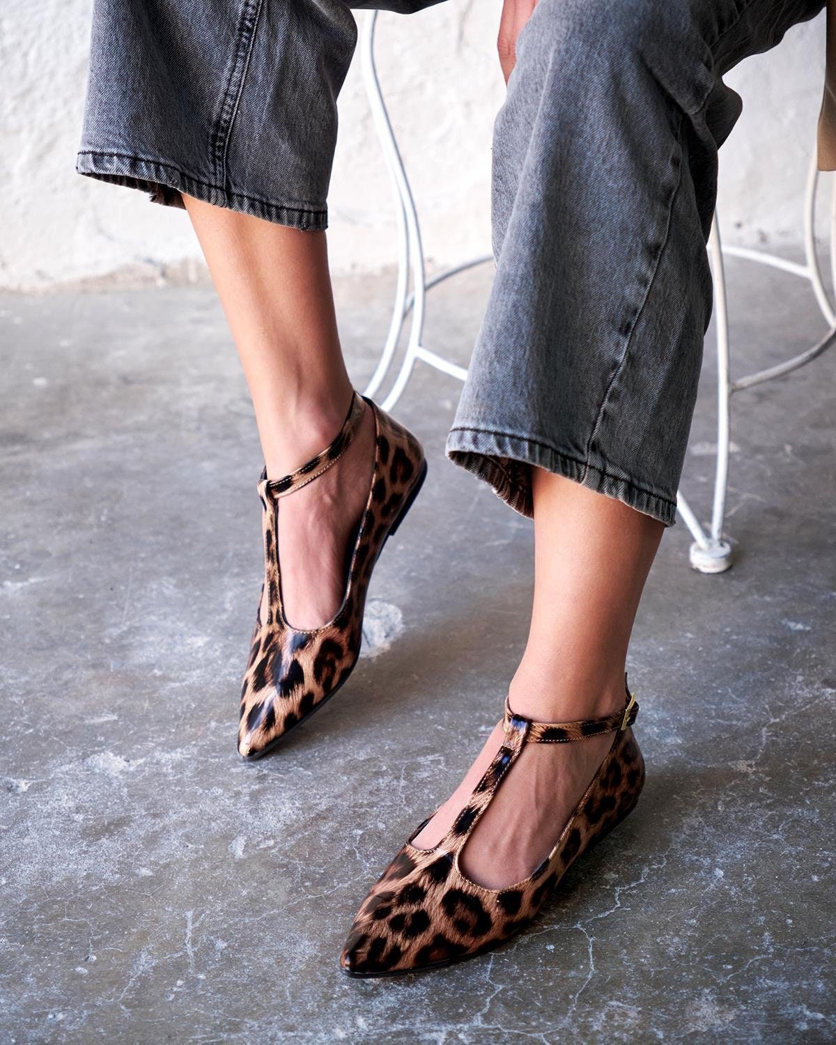 Leopard Patent Leather Ballet Flats,t Strap Shoes,leopard Ballet Shoes ...