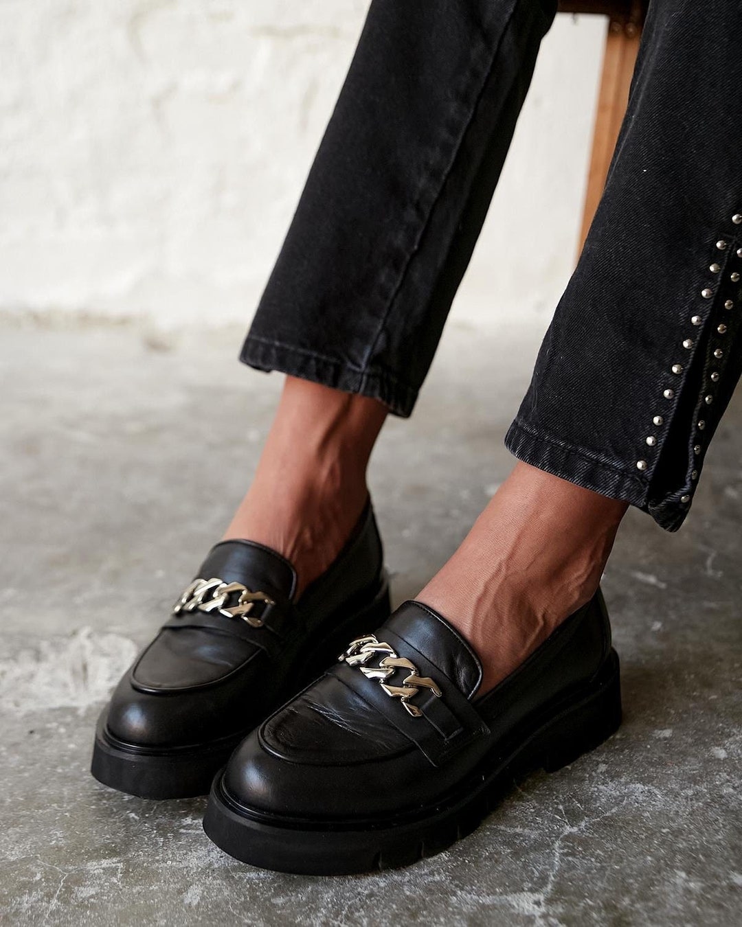 Black Leather Loafers,women's Loafers With Buckle,oxford Loafers,chunky ...