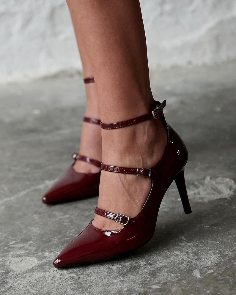 Burgundy Patent Leather High Heels,ankle Strap Heels,black Leather High ...