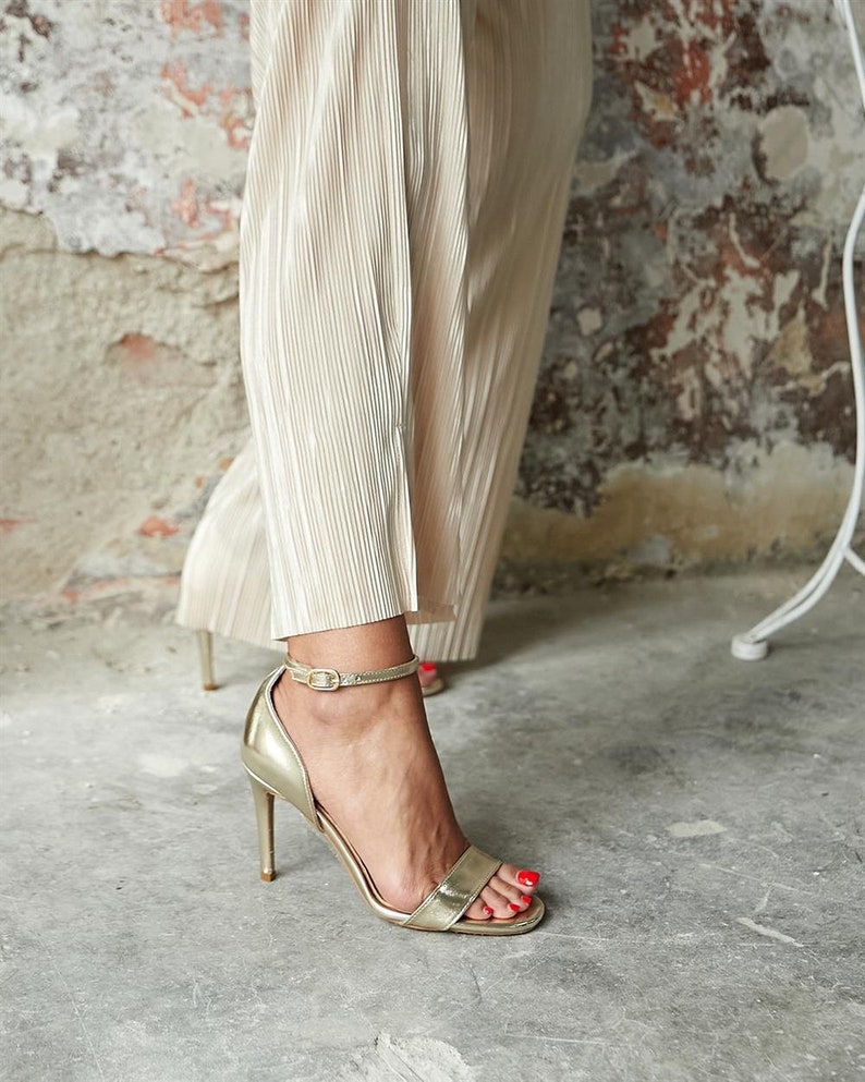 Gold 8 Cm Heel Ankle Strap High Heels,high-heeled Shoes With an Open ...