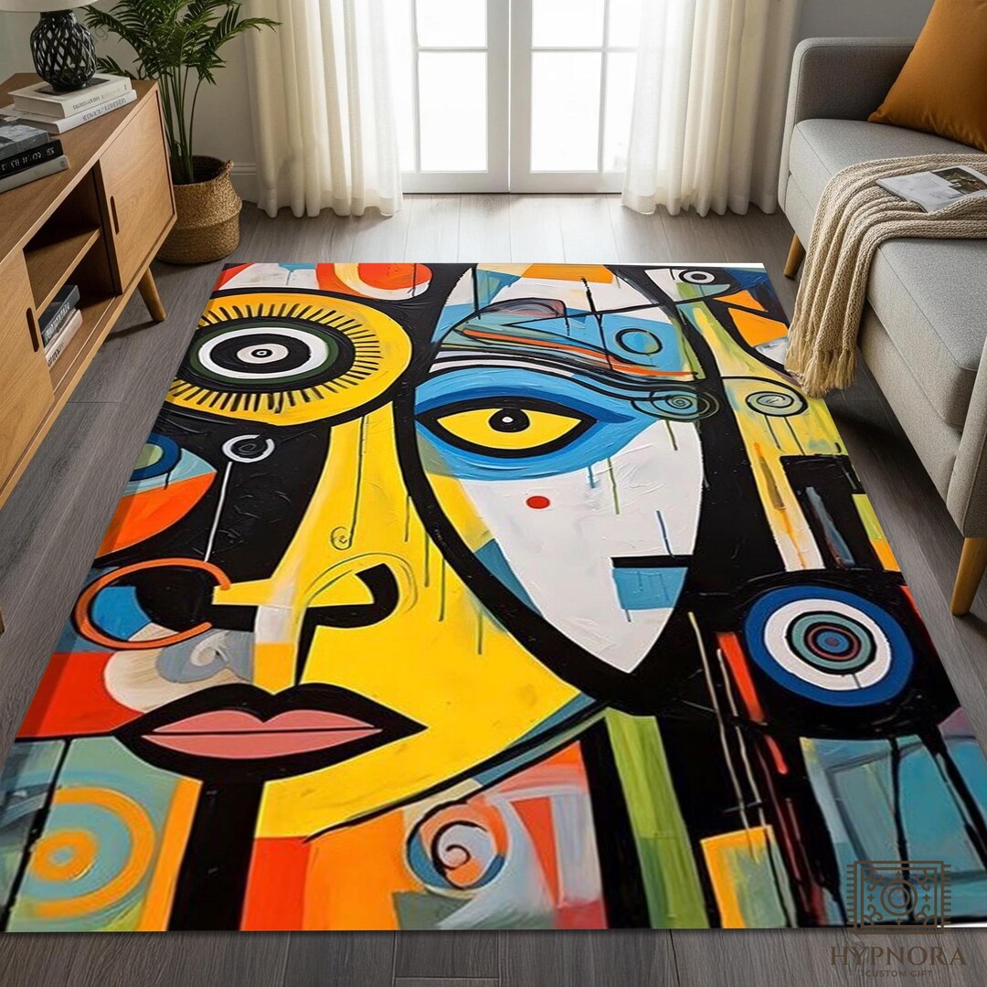 Abstract Face Area Rug: Colorful Cubism, Modern Art Carpet - Etsy