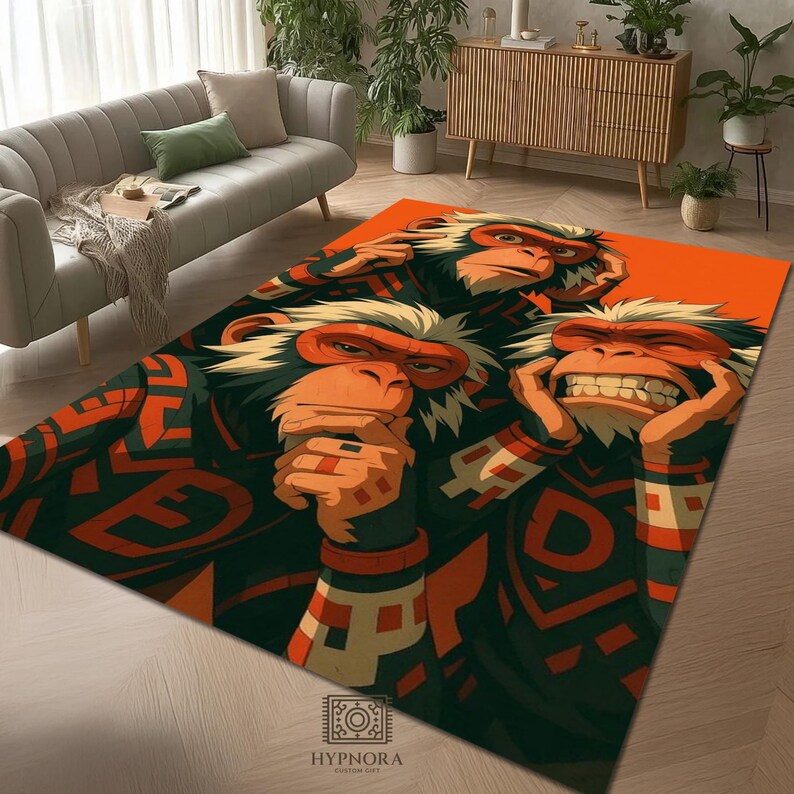 Three Wise Monkeys Art Rug – Abstract Graphic Tile Area Washable Carpet ...