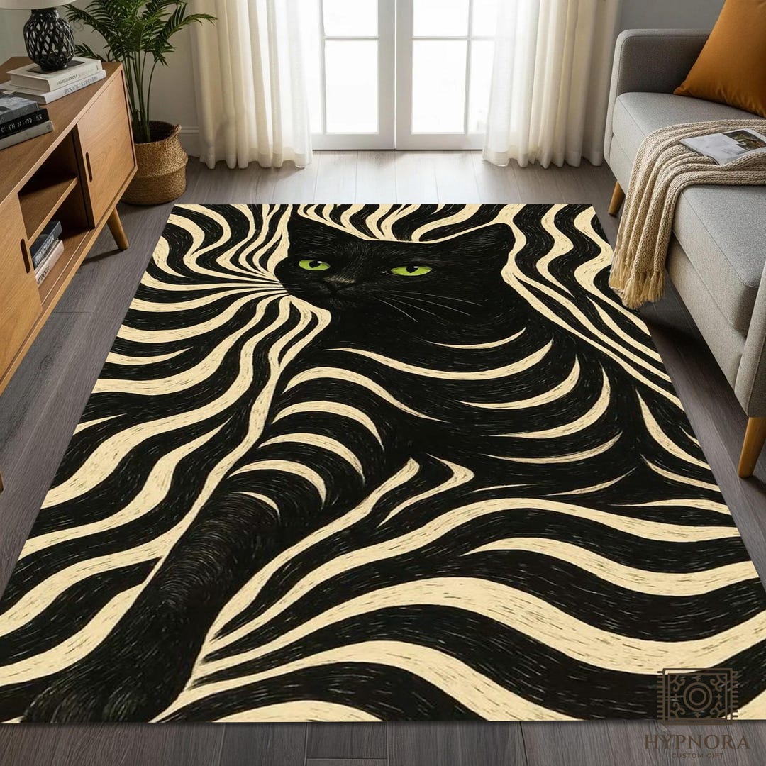 Black Cat Tile Area Rug: Abstract Swirl Pattern, Green Eyes Washable ...