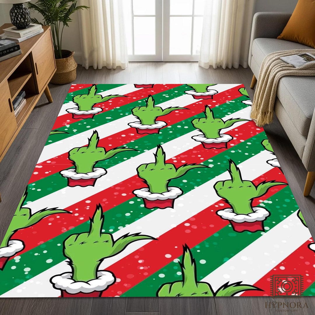 Grinch Hand Christmas Area Rug: Red Green Stripe, Funny Holiday Decor ...