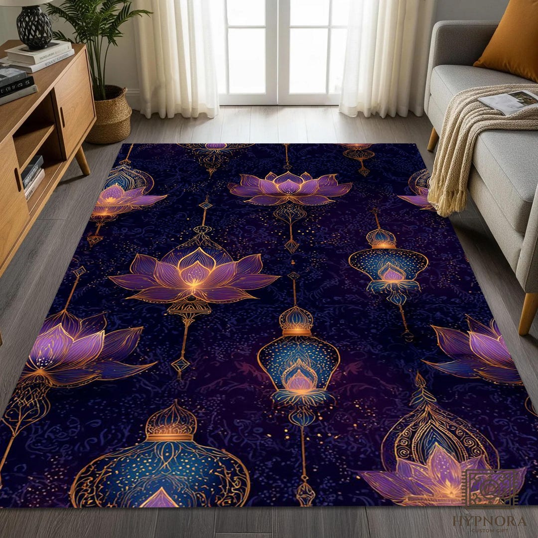 Lotus Flower Area Rug: Purple, Gold, and Navy Boho Carpet - Etsy