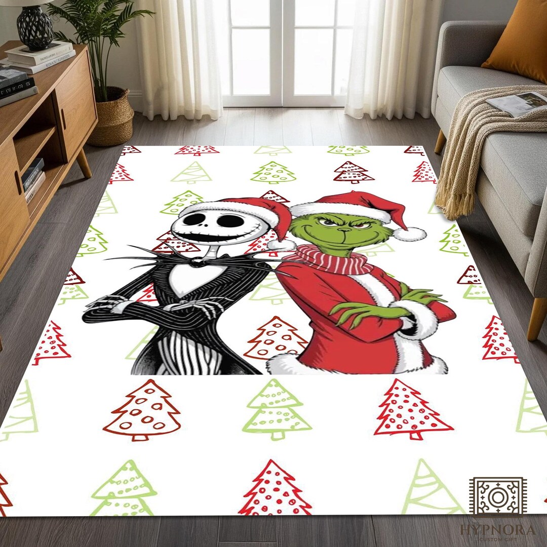Grinch & Jack Skellington Christmas Rug, Holiday Mashup Decor Washable ...