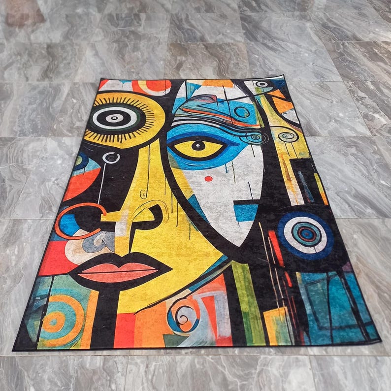 Abstract Face Area Rug: Colorful Cubism, Modern Art Carpet - Etsy