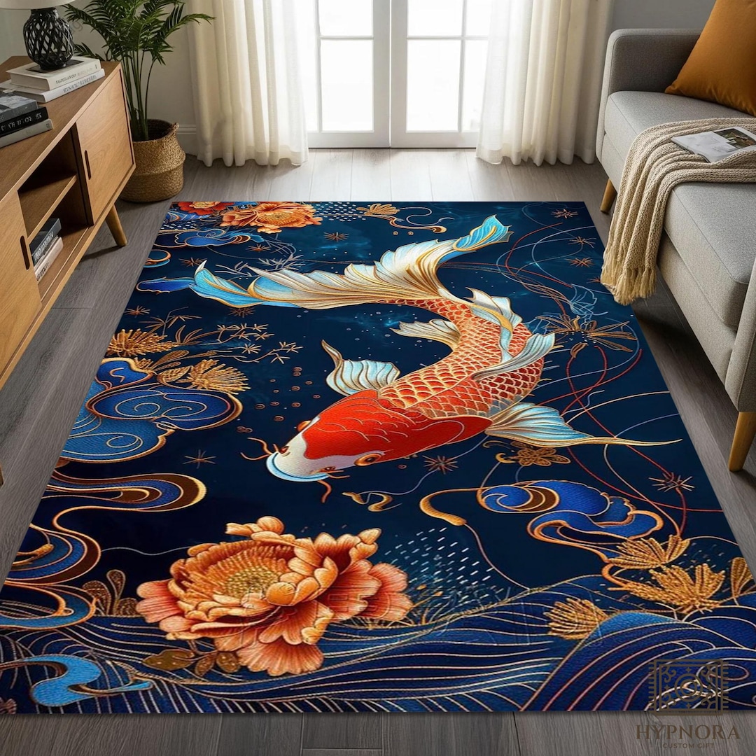 Koi Fish Area Rug: Japanese Art, Blue & Gold Waves - Etsy