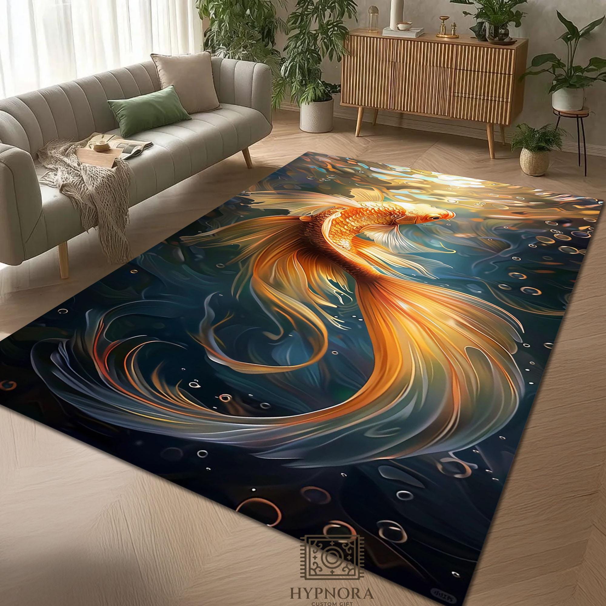Golden Koi Fish Area Rug: Japanese Underwater Art, Nonslip Washable ...