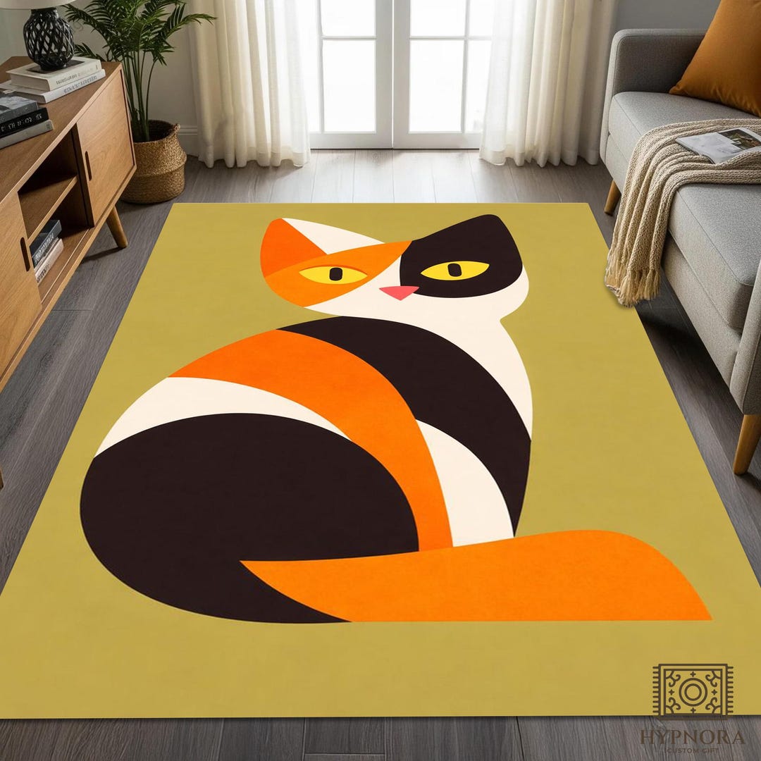Retro Cat Rug: Mid-century Modern Calico Kitty, Nonslip - Etsy