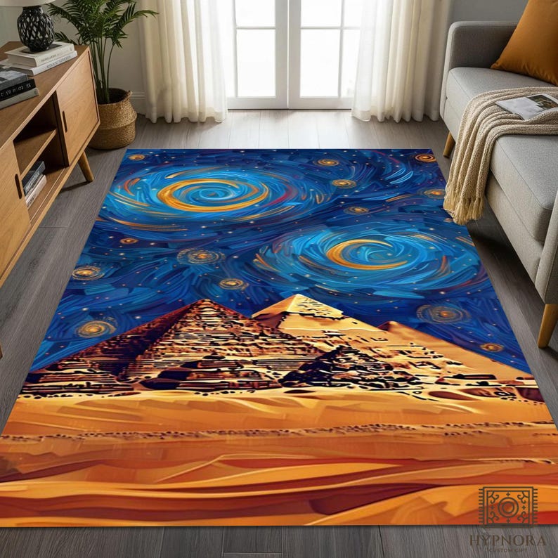Egyptian Pyramids Area Rug: Starry Night Art Carpet, Ancient Giza Decor ...