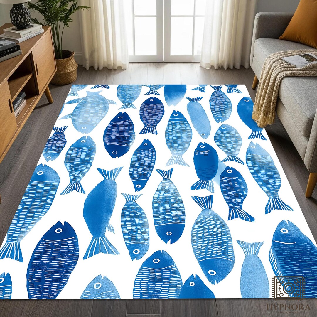 Blue Fish Area Rug: Nautical Ocean Pattern, Coastal Home Decor Washable ...