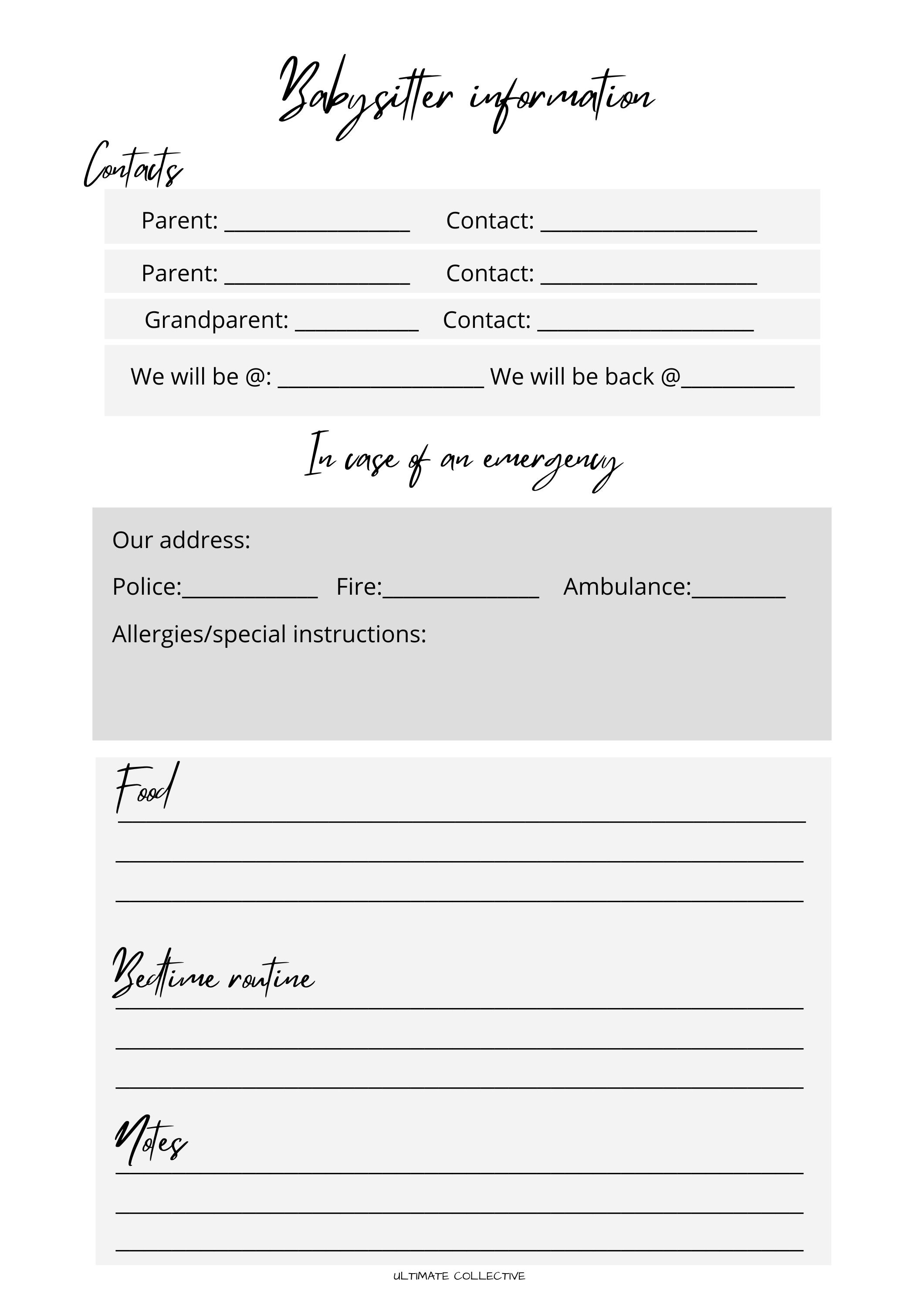 Printable Babysitter Notes | Downloadable Babysitter Information ...