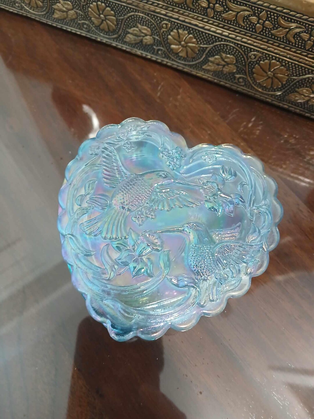 Vintage Fenton Iridescent Aqua Blue Hummingbird Heart Shaped Trinket ...