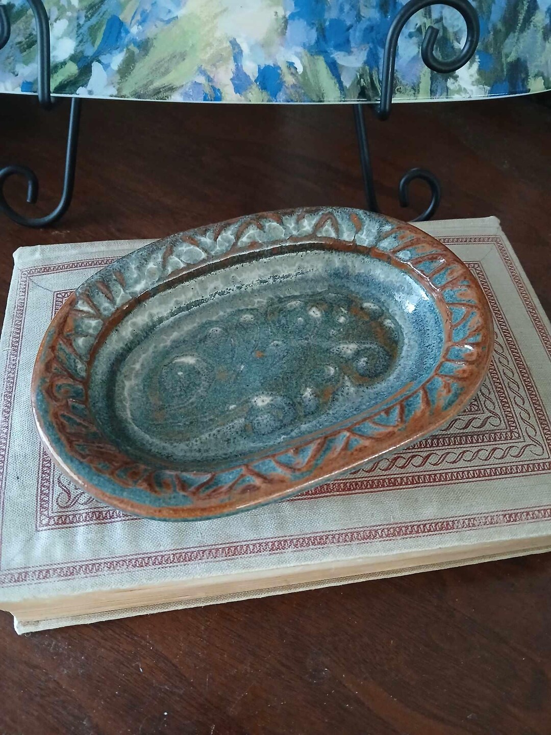 Green Handmade Hand Painted Pottery Trinket or Soap Dish Signed ...