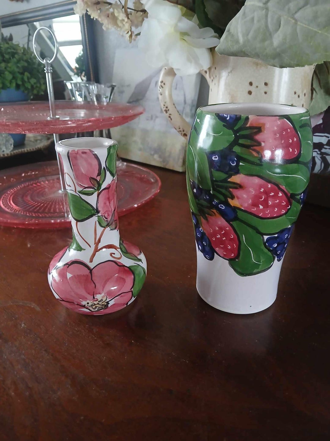 Vintage Spanish Style 1980s Hand Painted Bud Vases With Flowers/floral ...
