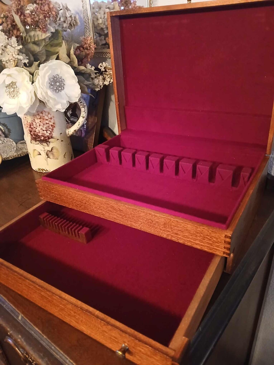 Vtg Mid Century 1960s to 1970s Wood Silverware Storage Chest Felt Lined ...