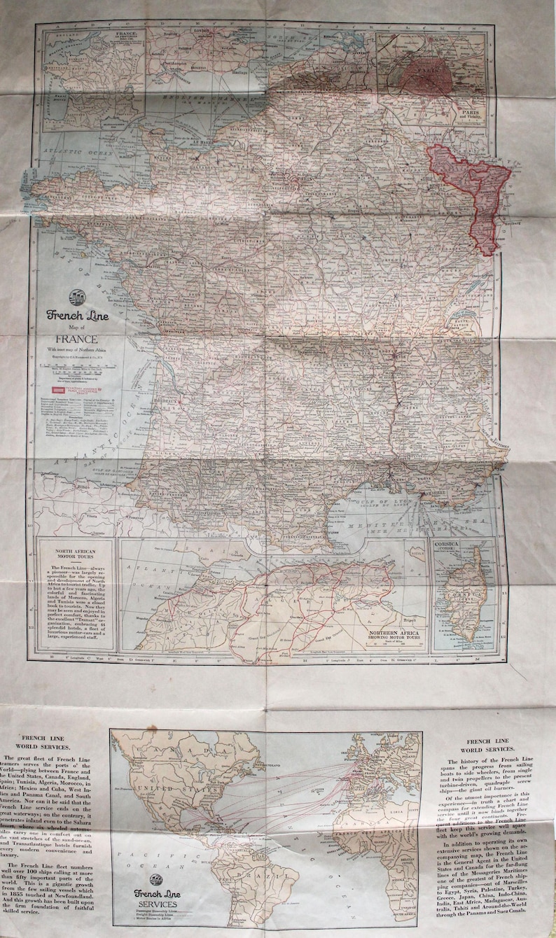 French Line Tourist Map of France, 1920s or 1930s - Etsy
