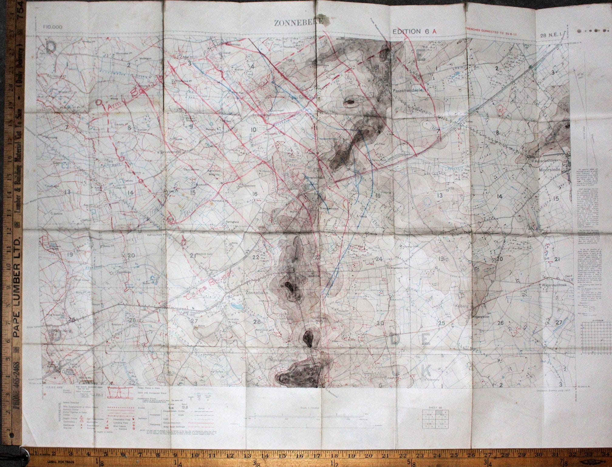 World War I Trench Map, Original, Cloth-backed, 1917, Zonnebeke ...