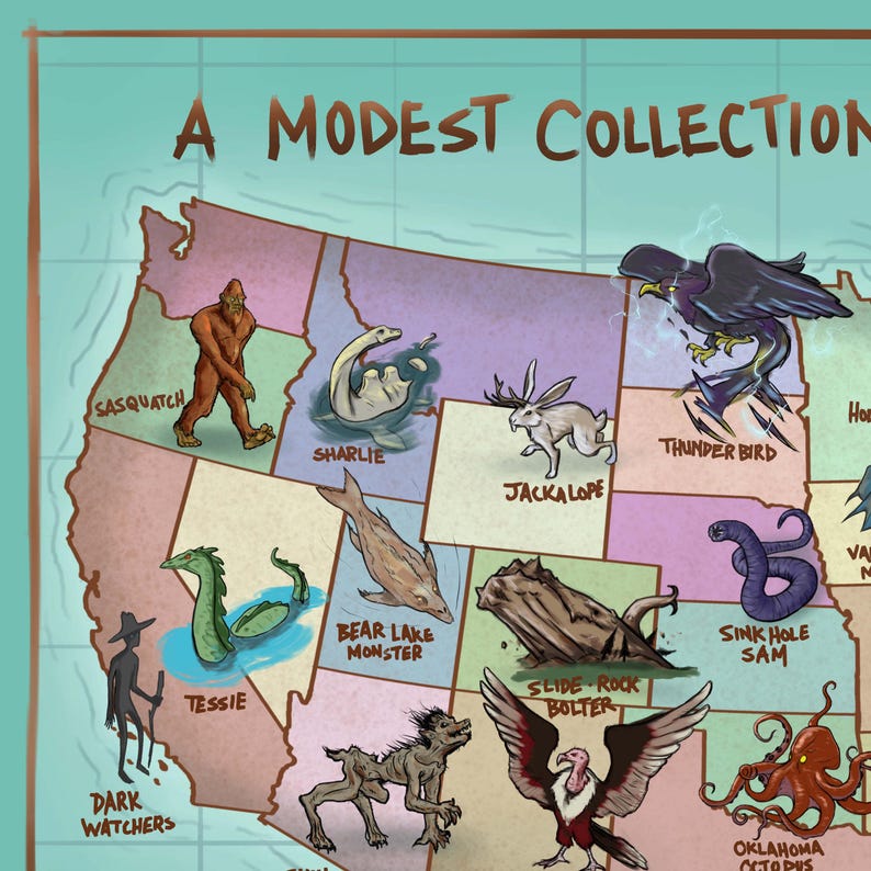 Cryptids of the U.S. Map Poster - Etsy