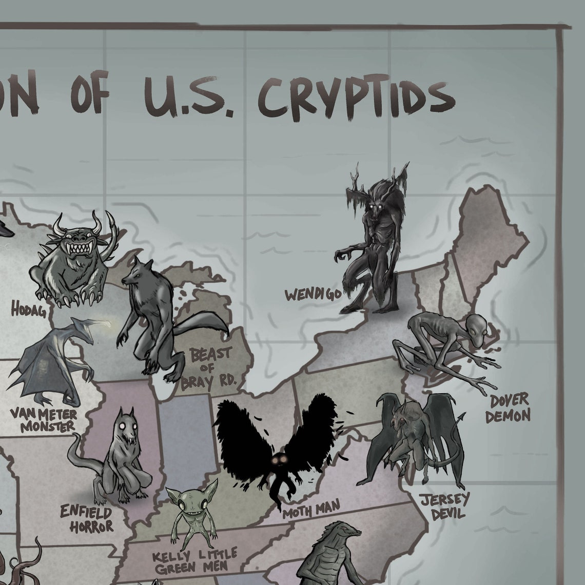 U.S Cryptid Map sepia - Etsy
