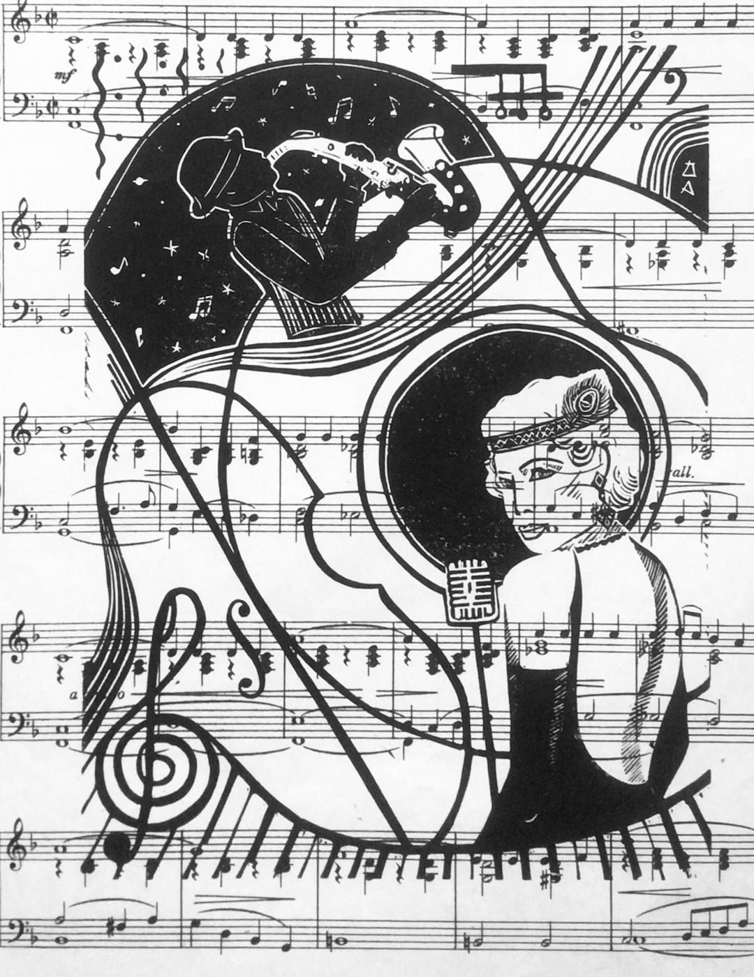 Jazz Linocut Print Original Lino Print on Vintage Music Sheet - Etsy