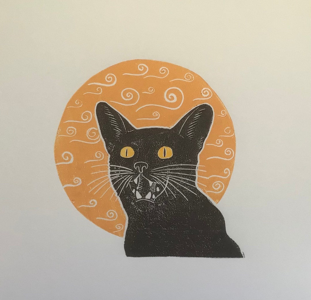 Black Cat With Full Moon Linocut Print, Gothic Linocut Cat, Unique ...