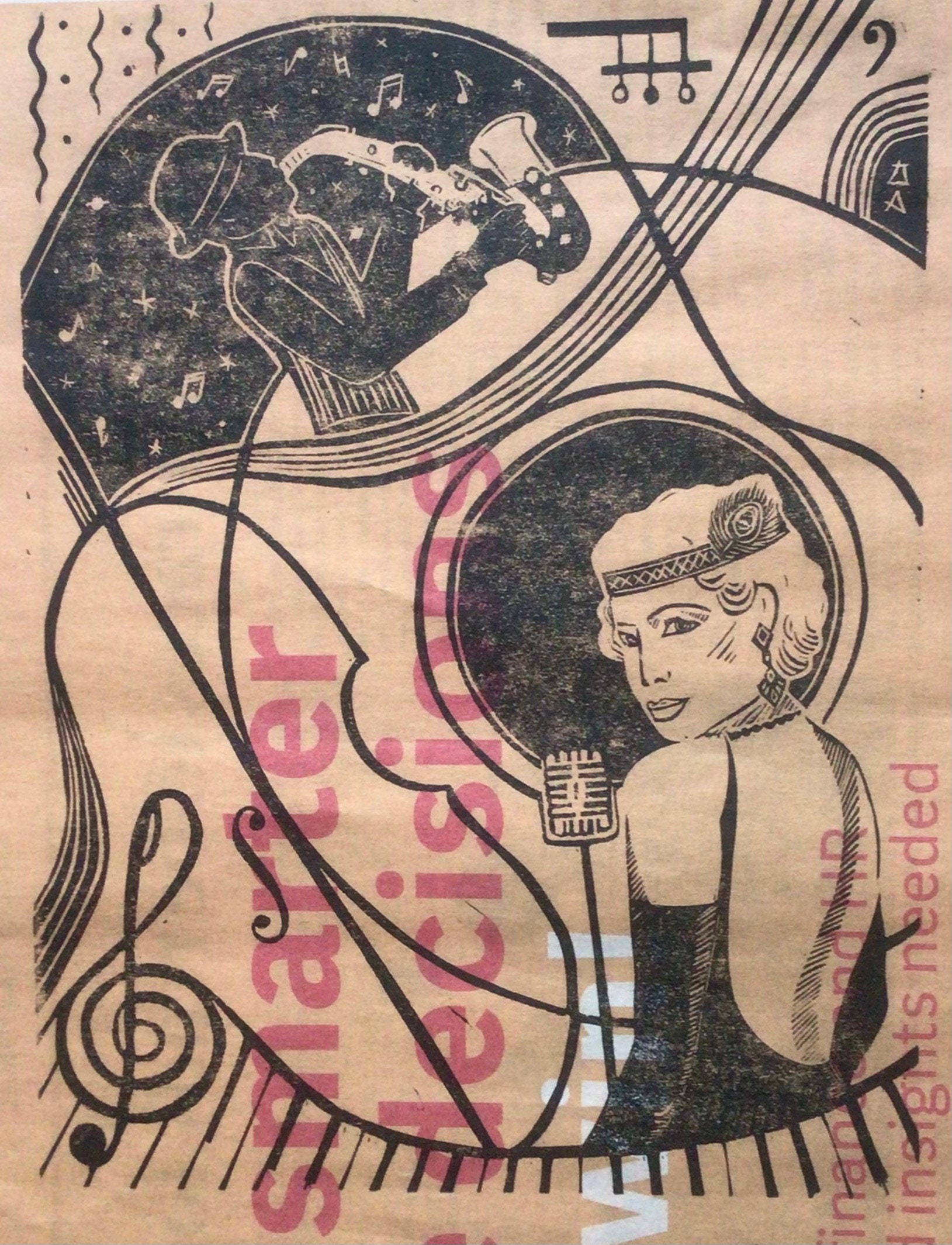 Jazz Linocut Print Original Lino Print on Vintage Music Sheet - Etsy